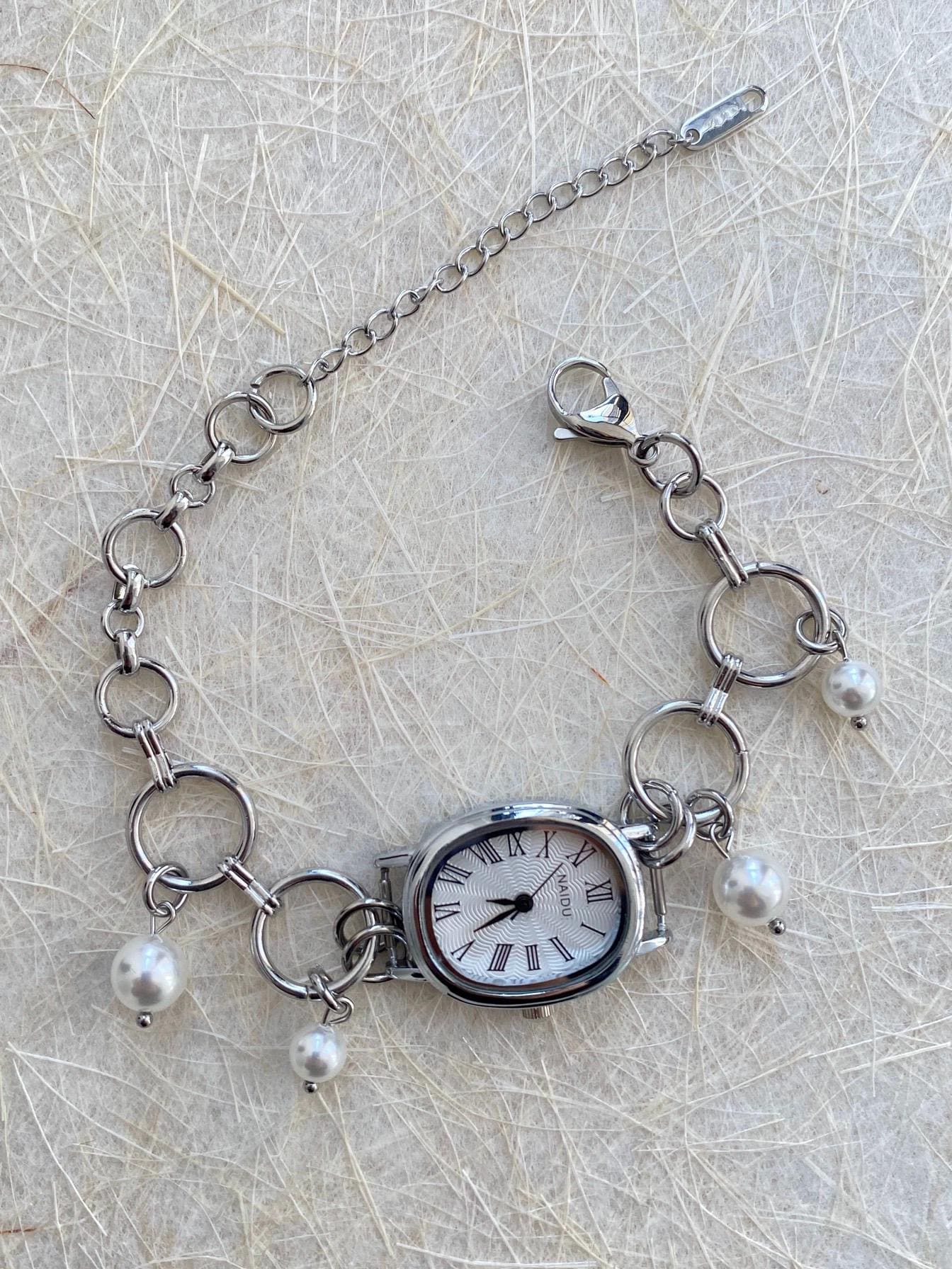 Vintage Silver Watch Bracelet,pearl Watch Bracelet, Punk Black Wrist ...