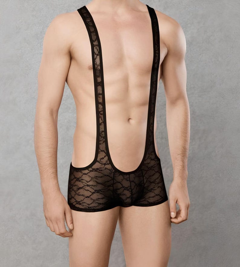 Men’s Black Lace Bodysuit - Sexy Sheer Lingerie for Men, Men’s Exotic Seer Large Pouch Mesh ...