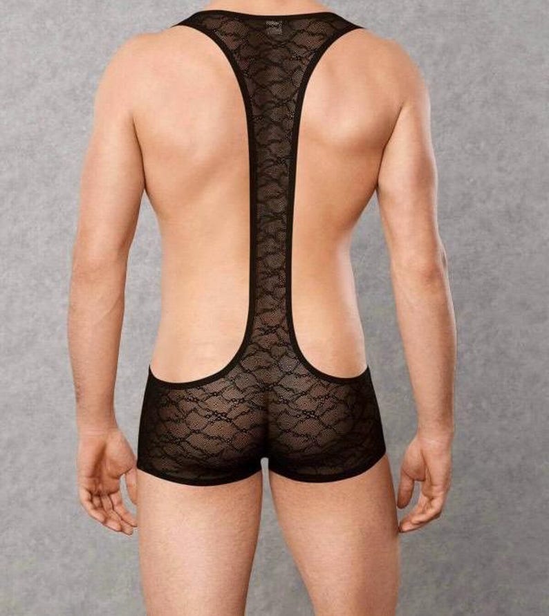 Men’s Black Lace Bodysuit - Sexy Sheer Lingerie for Men, Men’s Exotic Seer Large Pouch Mesh ...