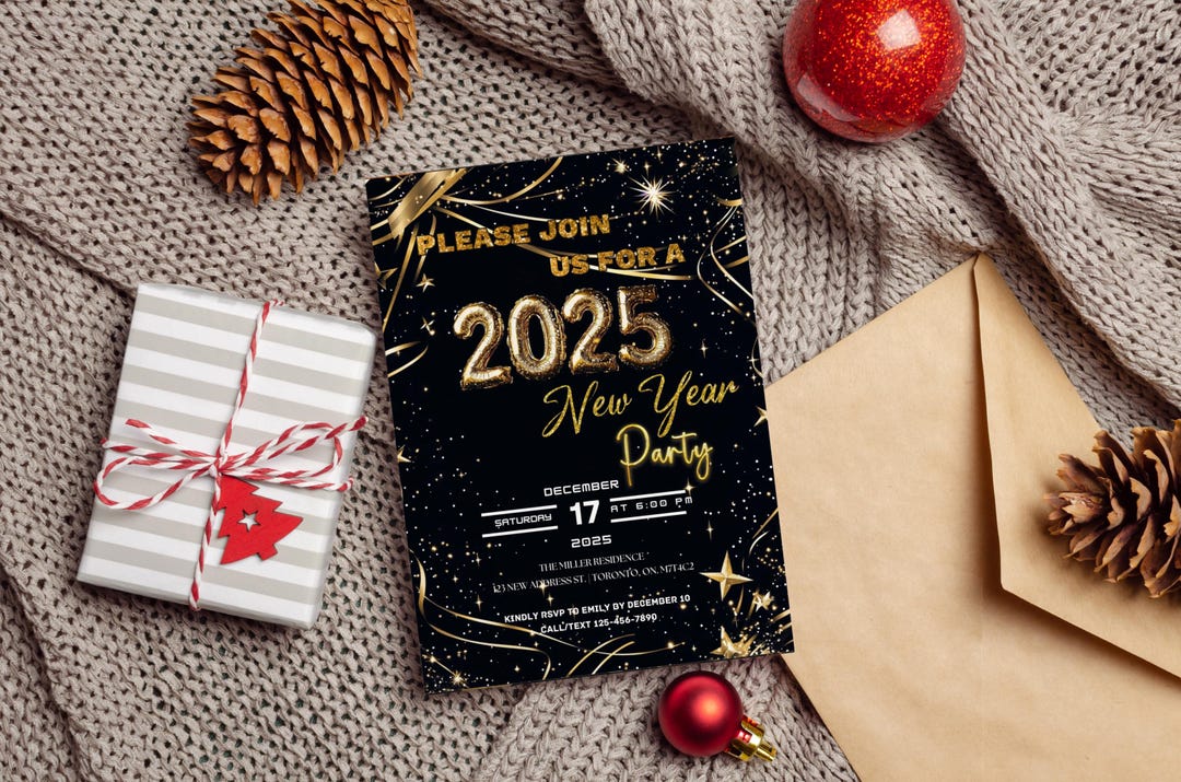 Customizable NYE Celebration Invite | Black & Gold Glitter Design ...