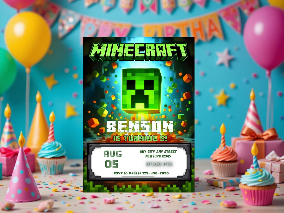 Minecraft Creeper Birthday Invitation, Video Game Party Invite, Digital ...