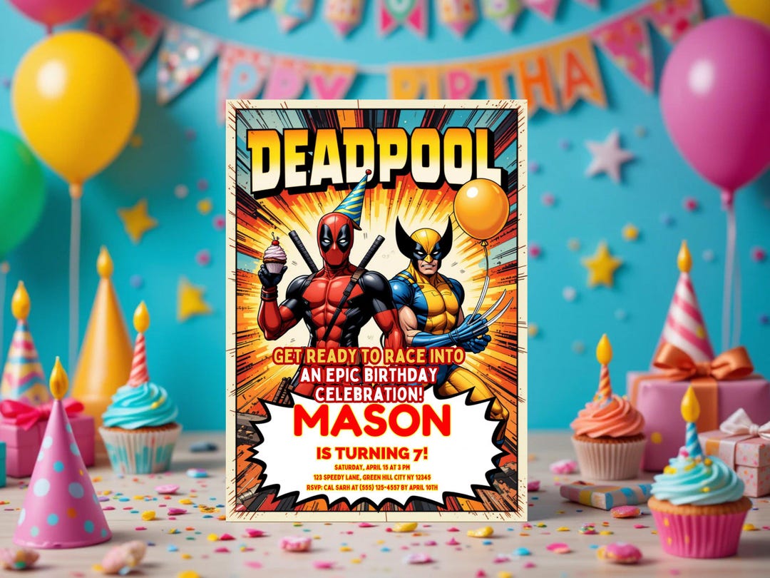 Deadpool Birthday Party Invite Printable Customizable Superhero Kids ...
