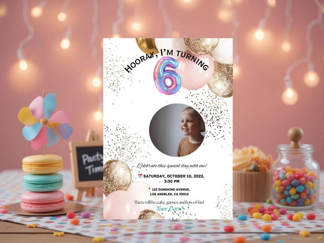 Hooray I'm Turning 6 Birthday Invitation Celebrate Special Day Digital ...