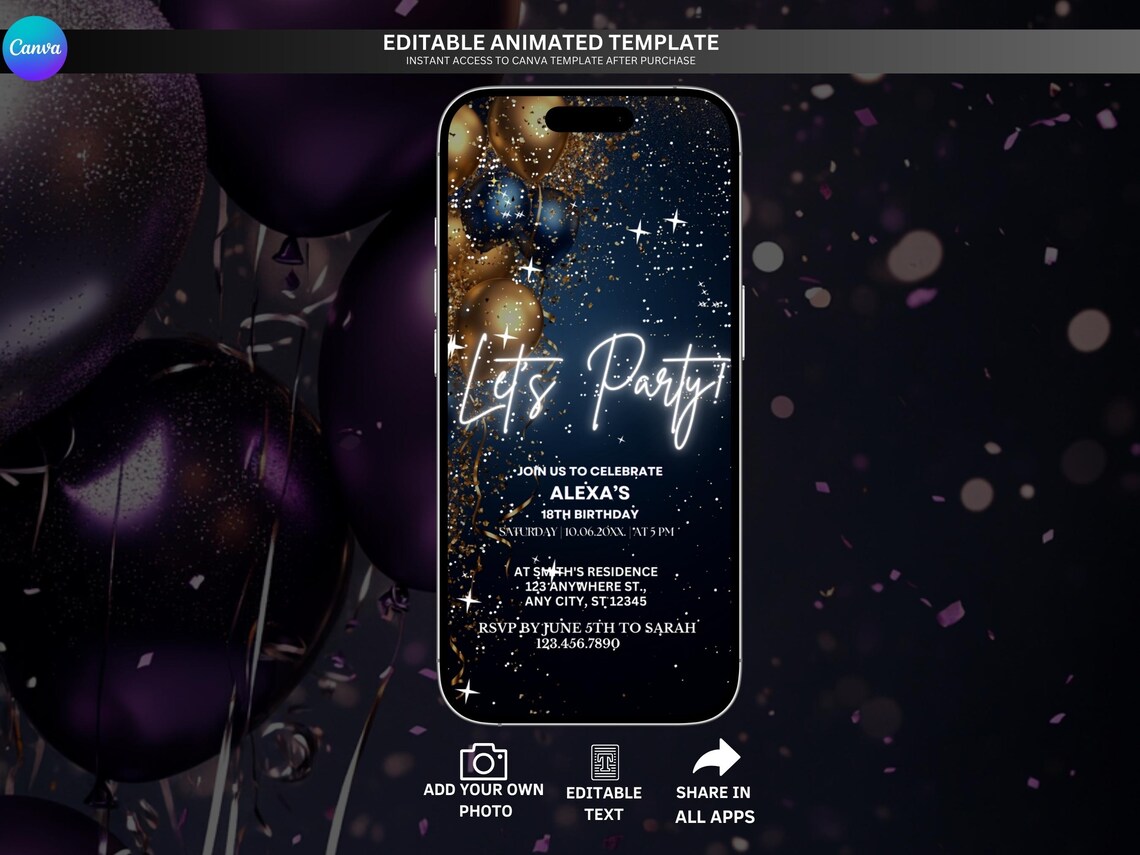 Editable Animated Birthday Party Invitation Template, Digital Download ...
