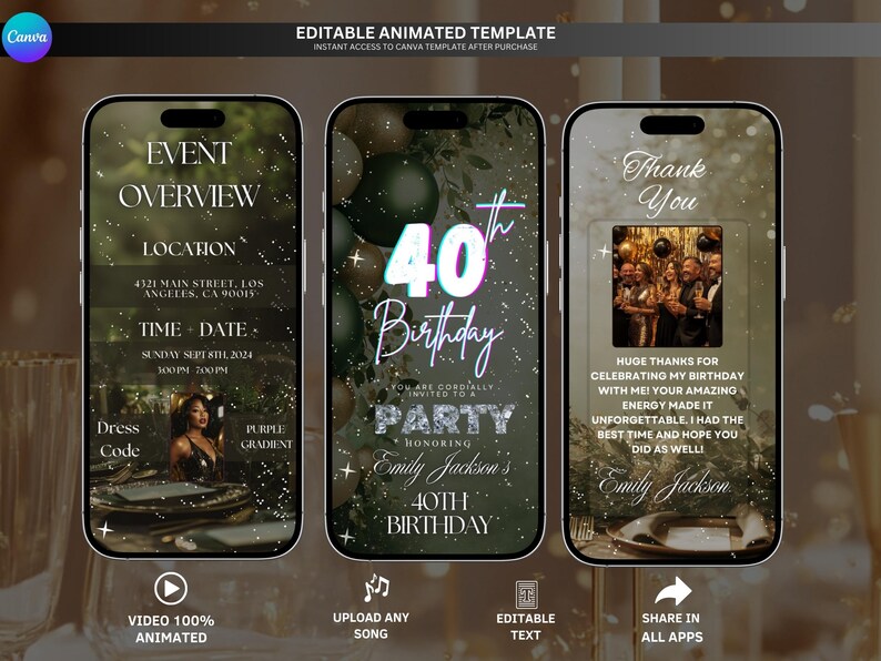 Animated Birthday Dinner Invitation Digital Party Video Invite Editable ...