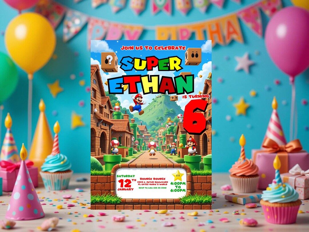 Super Mario Birthday Invitation, Join Us to Celebrate, Super Ethan is ...