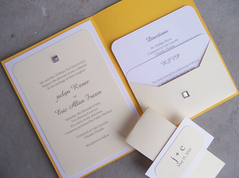Yellow pocketfold wedding invitation pocket fold invitation | Etsy