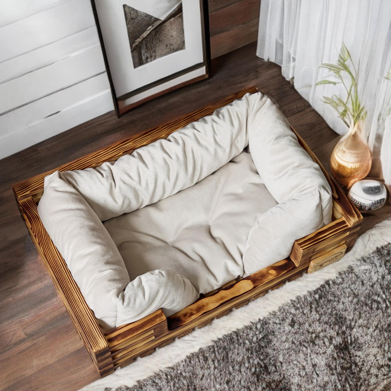 Handmade Wooden Dog Bed, Rustic Style Pet Furniture, Eco-friendly Loft ...