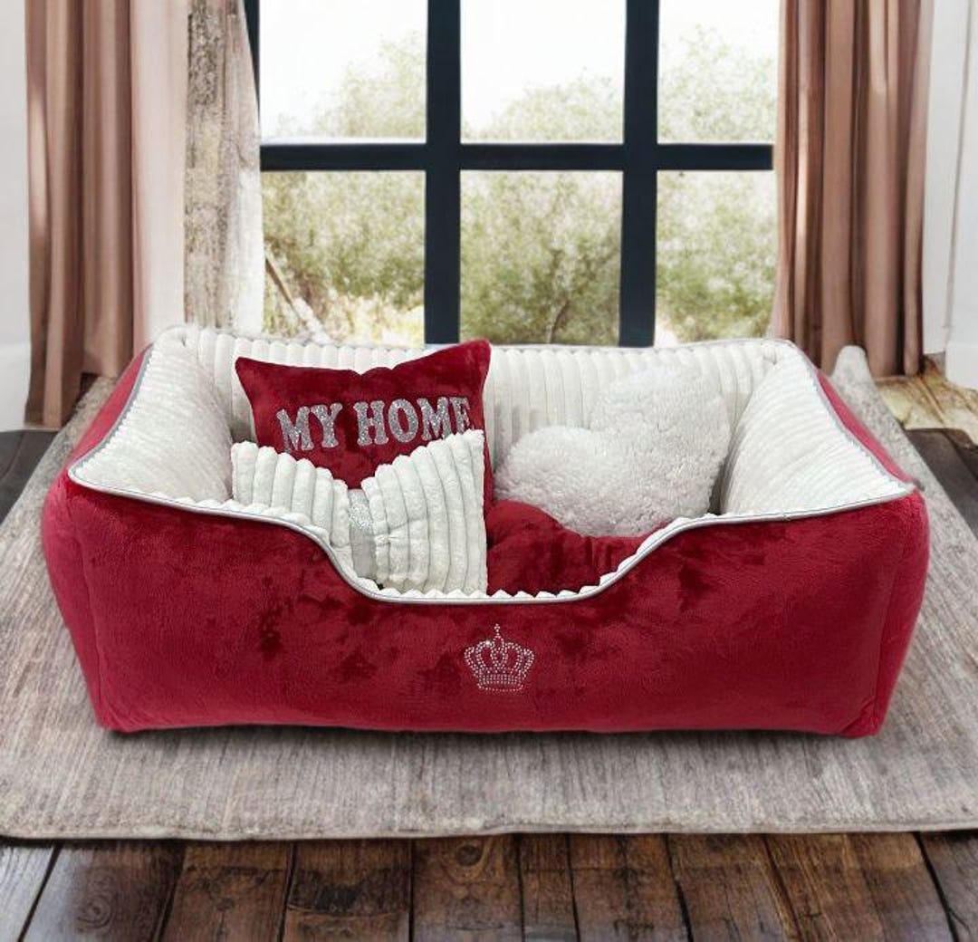 Handmade Red Dog Bed With Pillows | Removable Covers | for Small Dogs ...