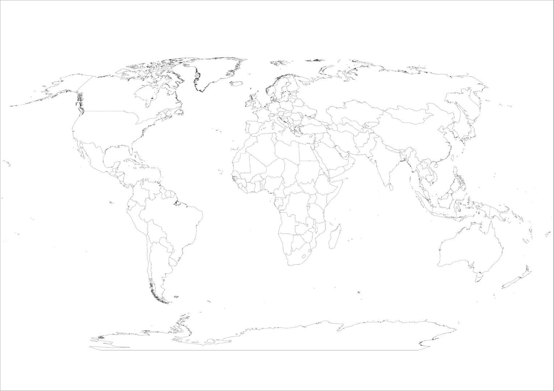World Map With Countries, Printable Map of the World, Wall Art, Blind ...