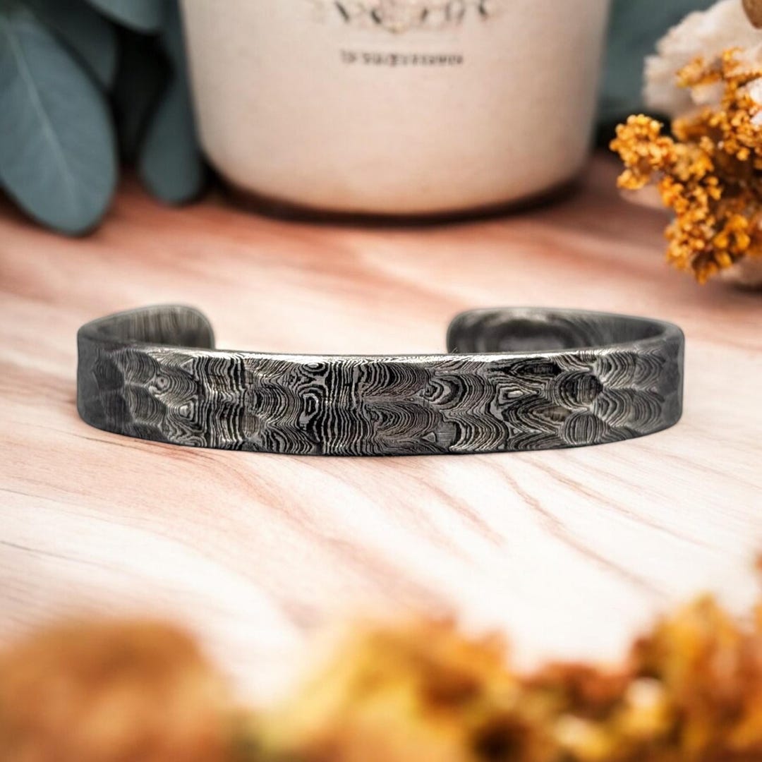 Hand Forged Damascus Steel Bracelet - Hammered Viking Jewelry, Gift for ...