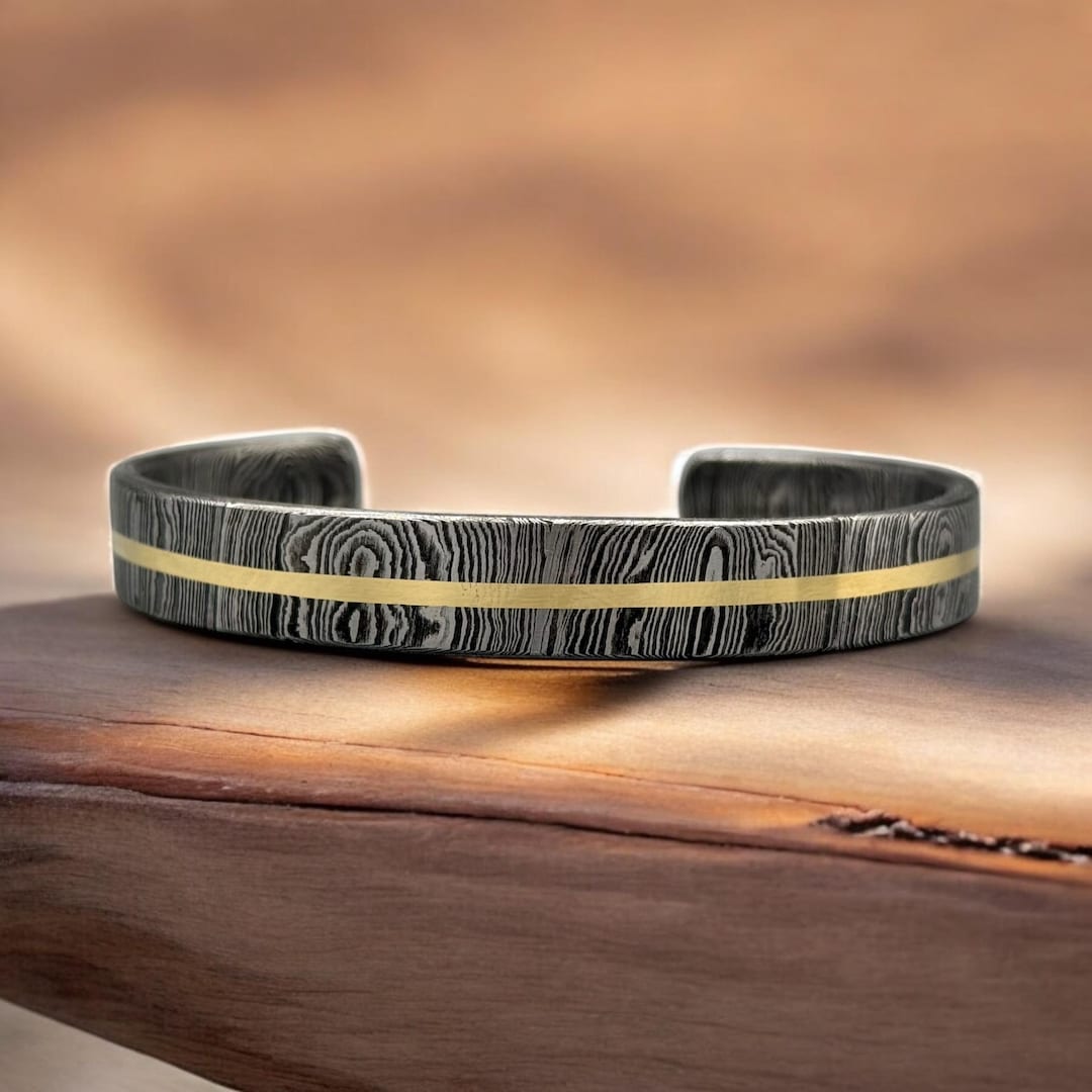 Hand Forged Damascus Steel Cuff Bracelet With Brass Inlay - Etsy