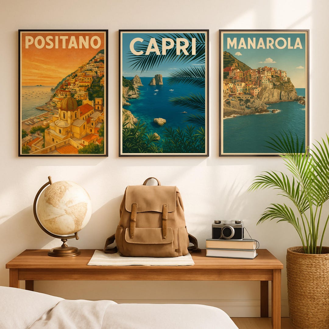 Retro Set of 3 Italy Travel Posters – Positano, Capri & Manarola Prints ...