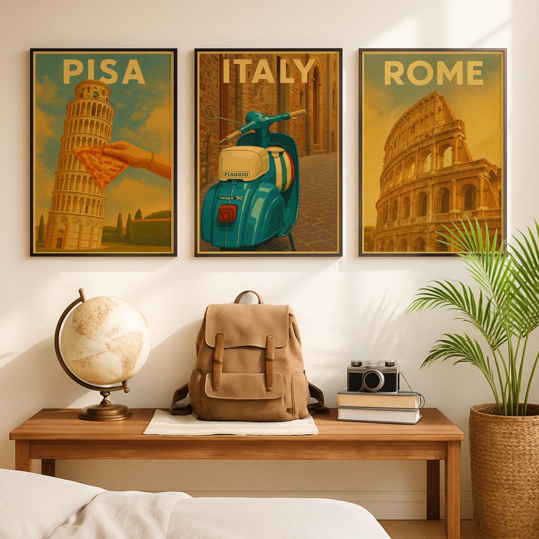 Retro Set of 3 Italy Travel Posters – Rome, Pisa & Vespa Prints ...