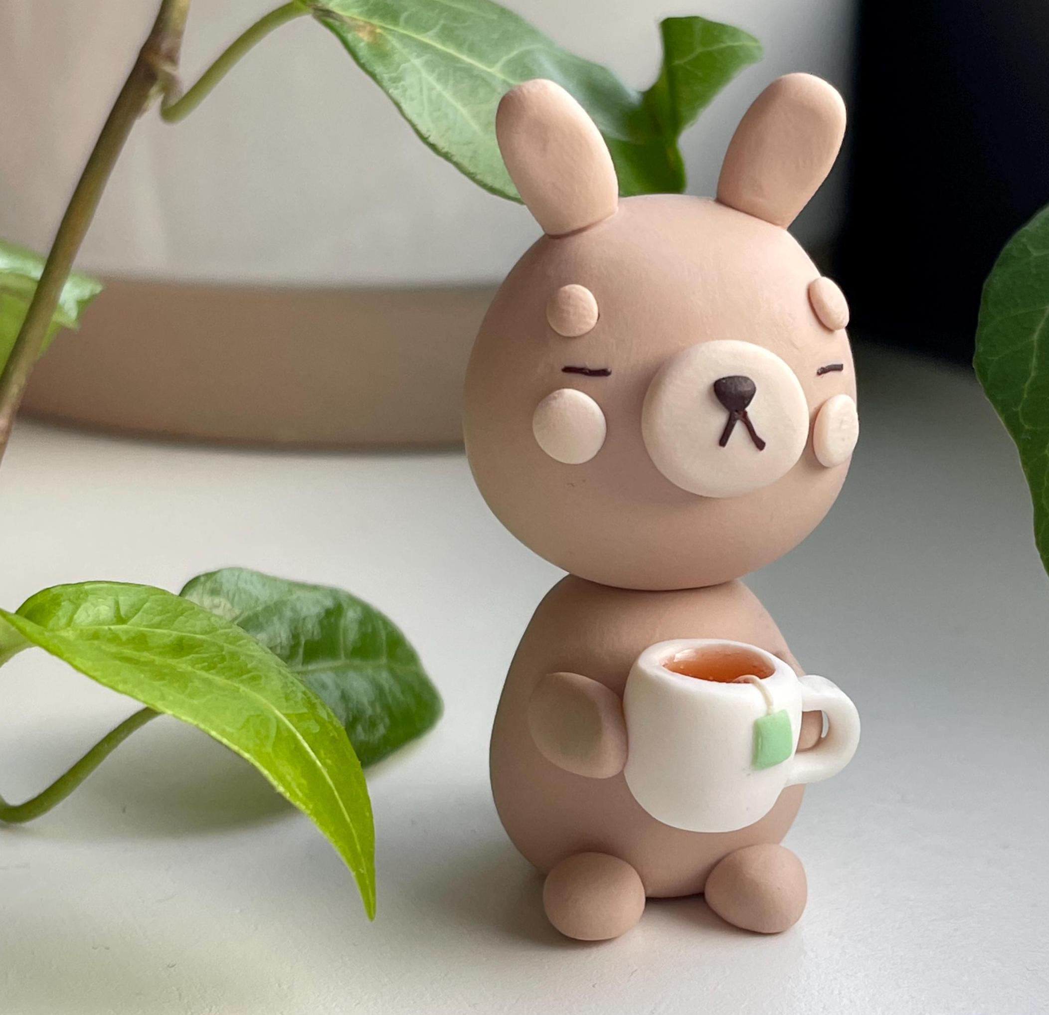 Tea Bunny Fika Break - Handmade Polymer Clay Desk Companion, Swedish ...