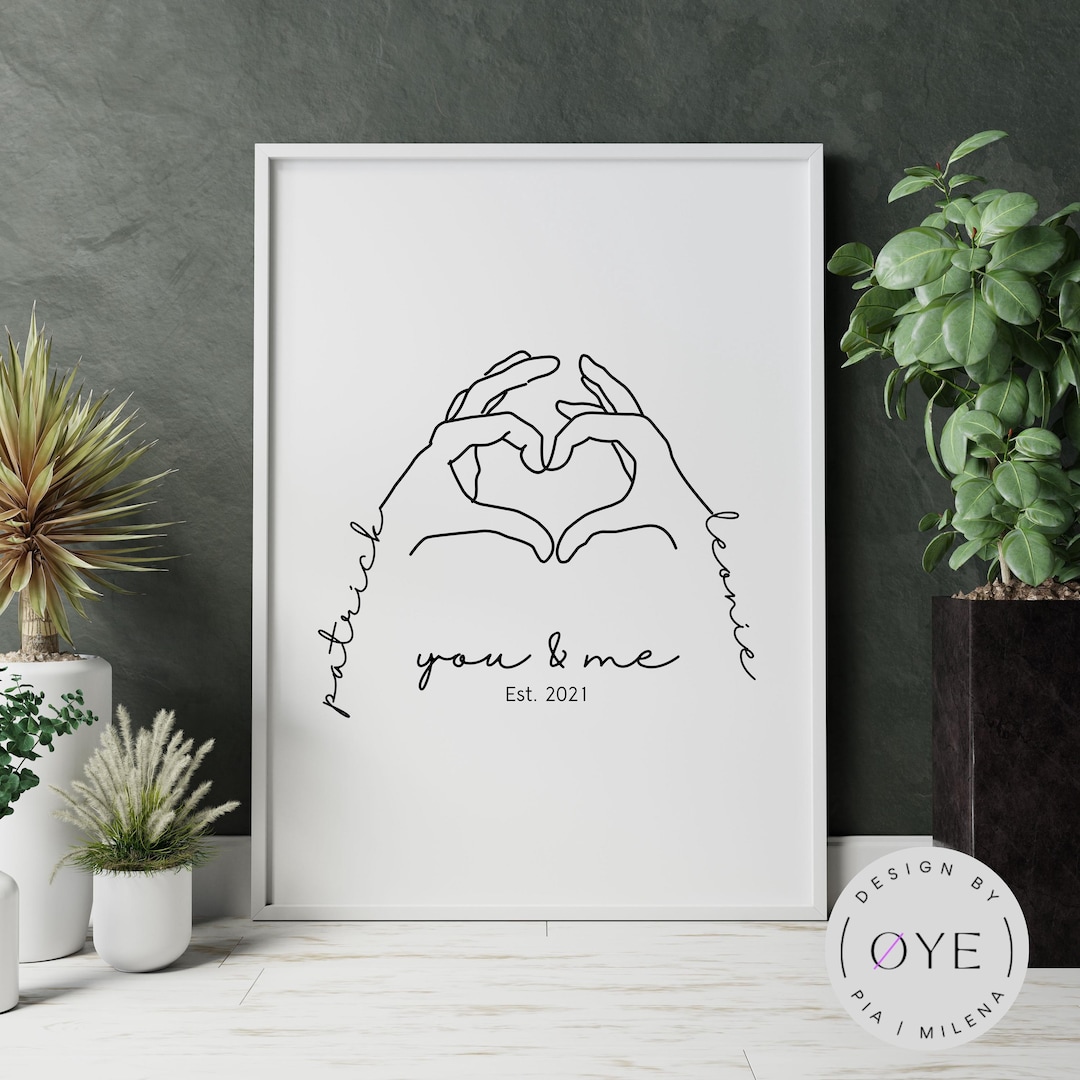 Fineline Heart Hands Poster | Personalized Wedding Gift With Names ...