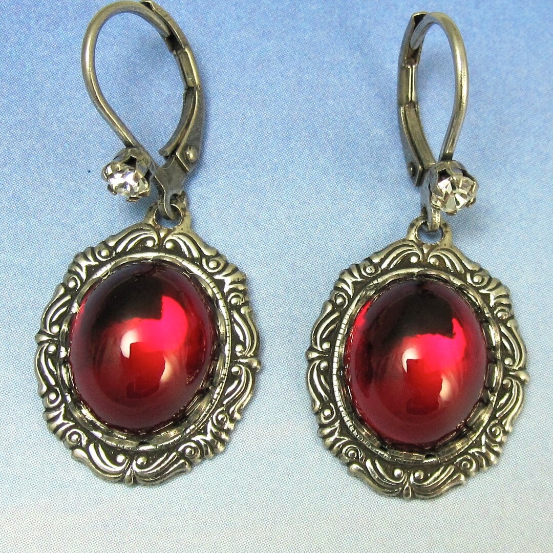 Ruby Red Dangle Earrings Antique Silver Vintage Glass - Etsy