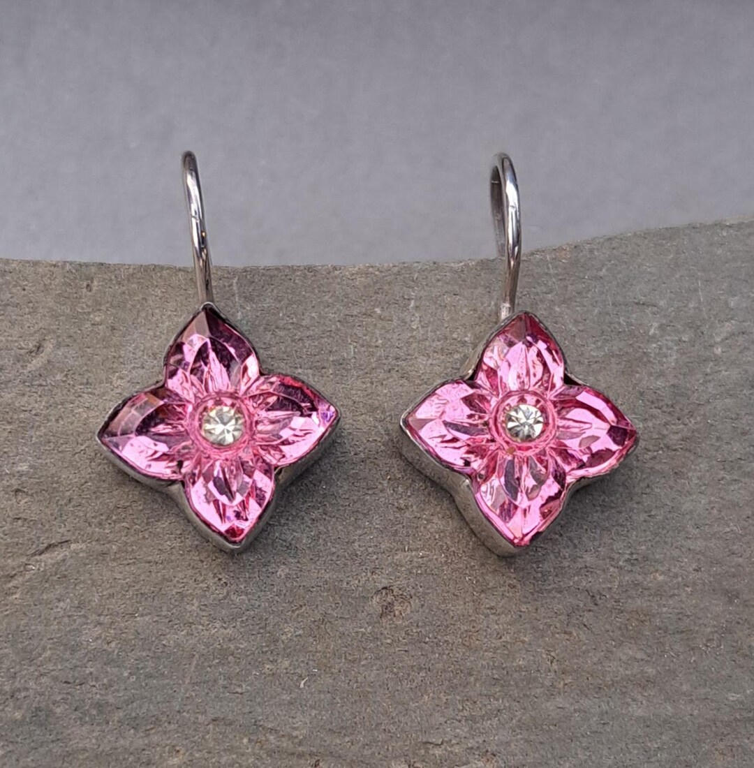 Art Deco Pink Flower Vintage Glass Stones Earrings Sterling Silver ...