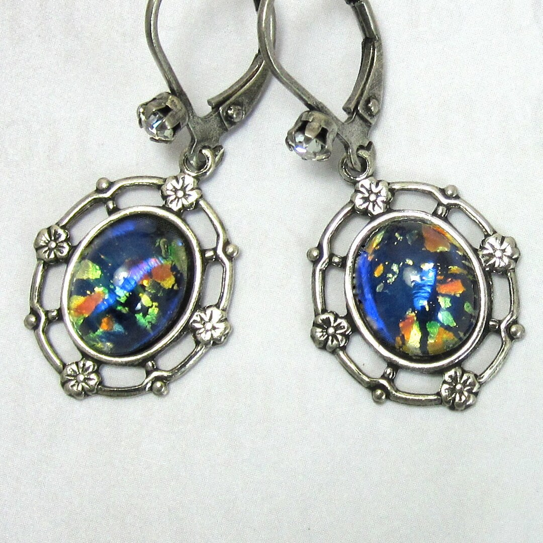 Vintage Glass Iridescent Blue Fire Opal Earrings With Antique Silver ...