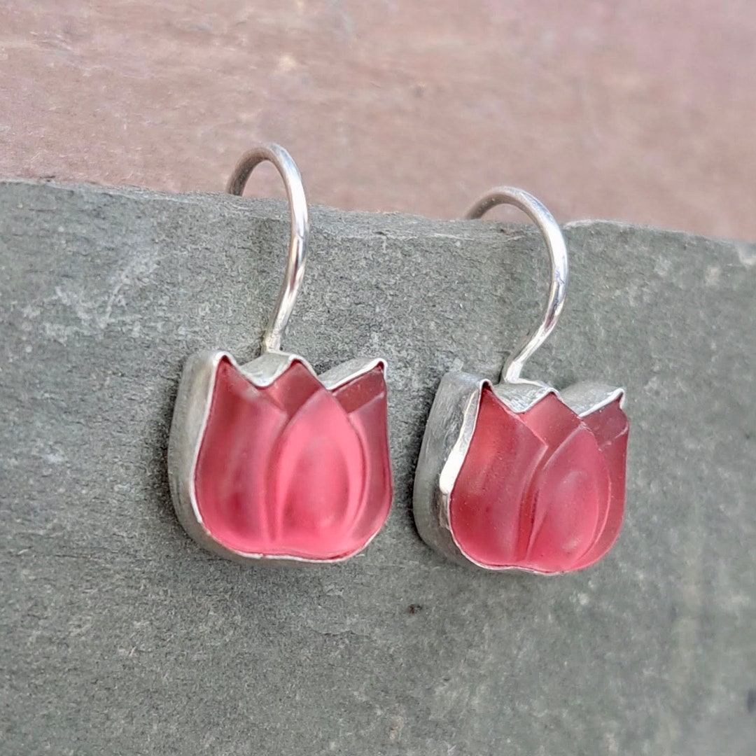Pink Tulip Earrings Lalique Inspired Art Deco Aqua Sterling Silver ...