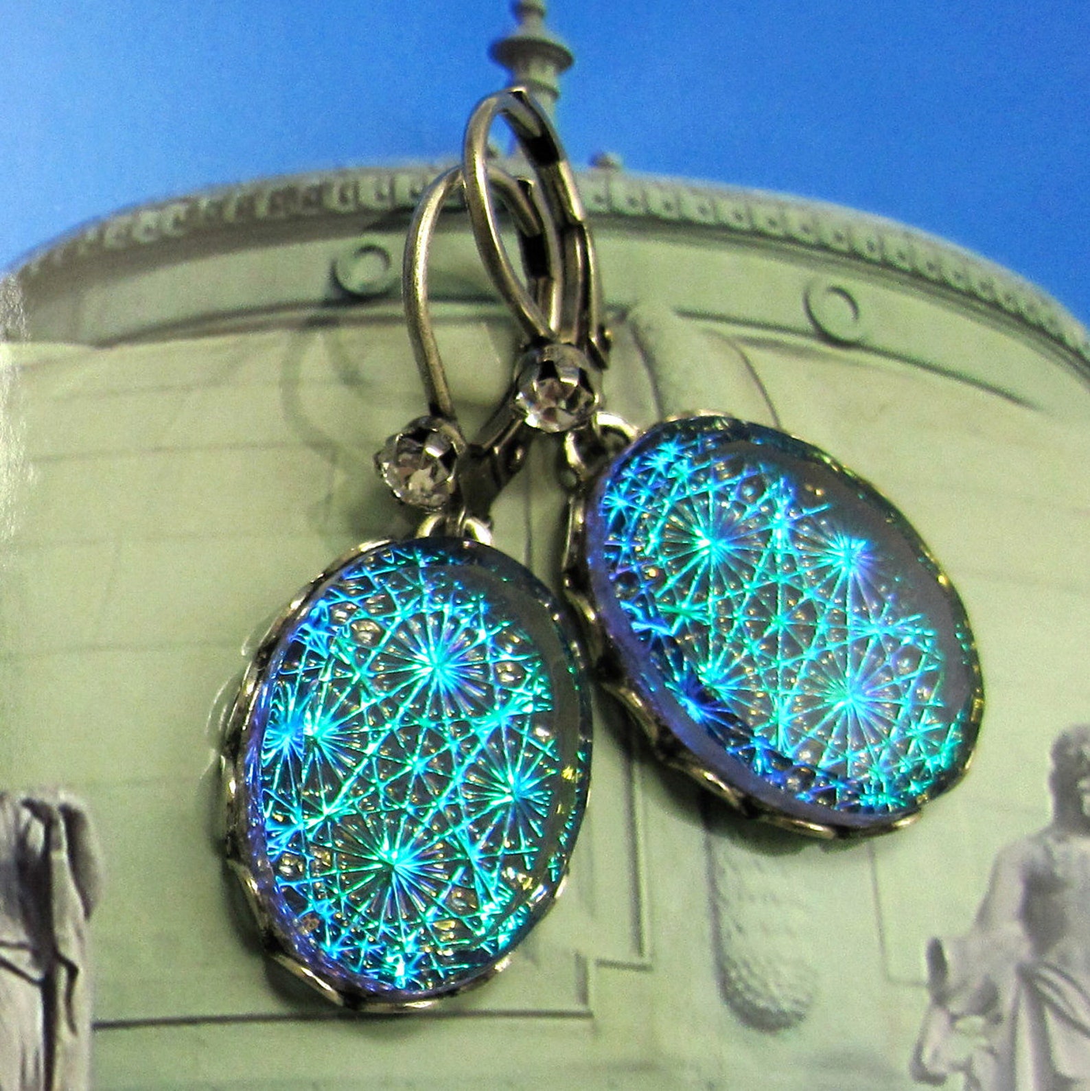 Teal Green Glass Fire Starburst Fire Opal Pendant Necklace With Gothic ...