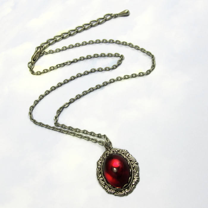 Red Gothic Necklace Vintage Glass Pendant on Antique Silver Chain ...