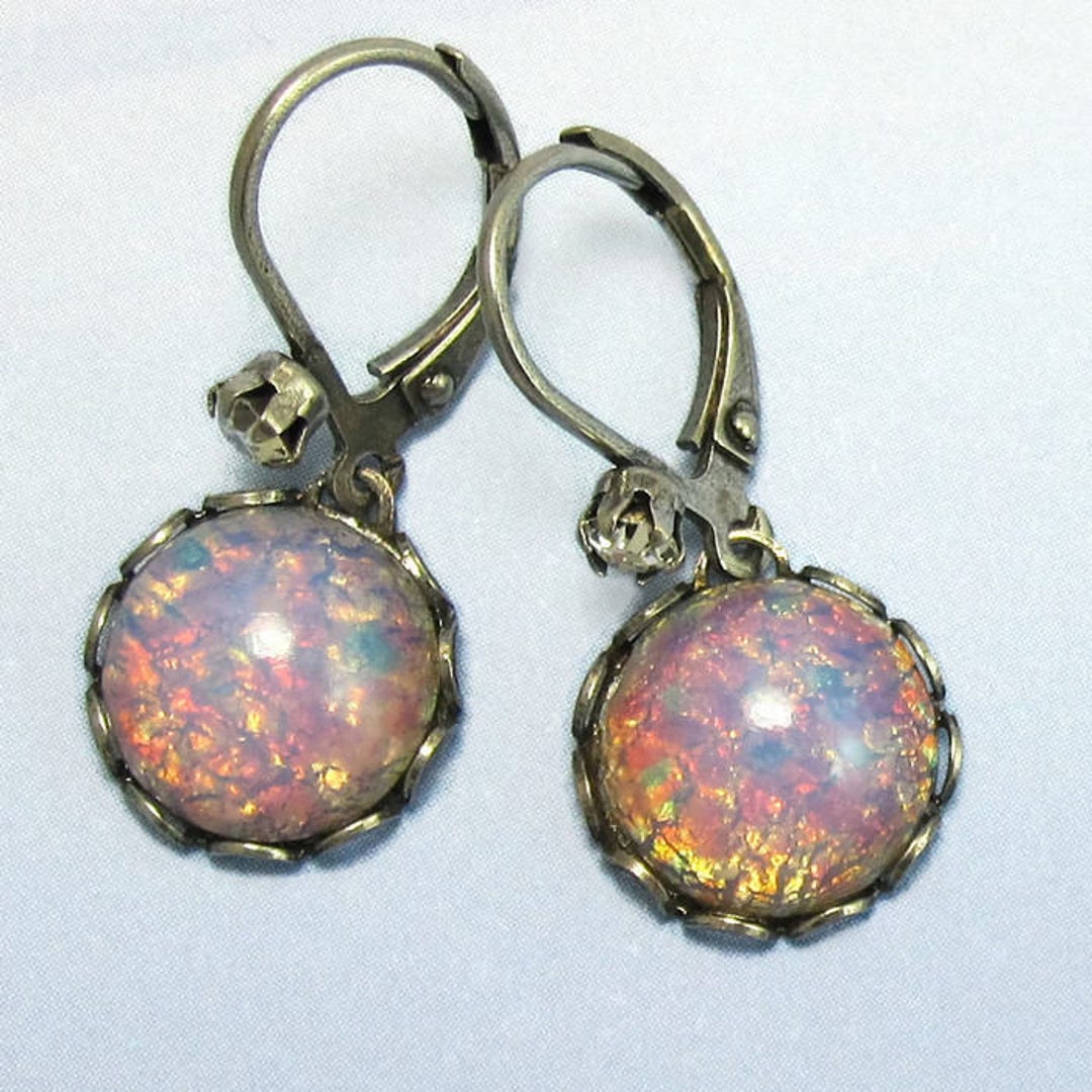 Pink Opal Dangle Earrings Iridescent Vintage Glass Gems With Antique ...