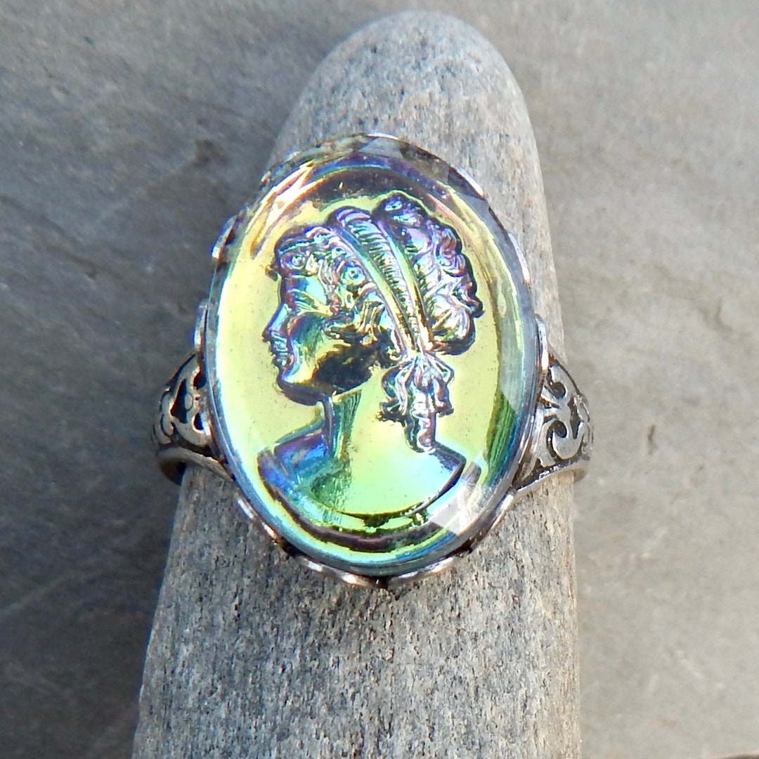 Iridescent CAMEO Ring Opal Vintage Glass Ring Antique Silver Adjustable ...