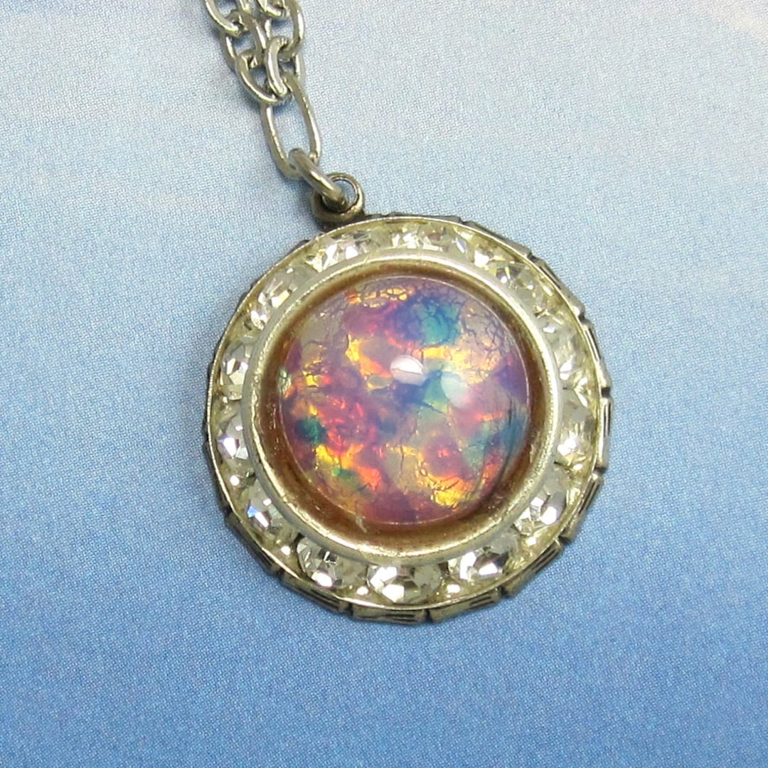 Fire Opal Pendant Necklace Iridescent Pink Vintage Glass Pendant on ...