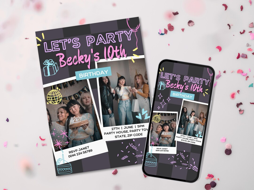 Editable Birthday Photo Collage Invitation Template, Canva Customizable ...