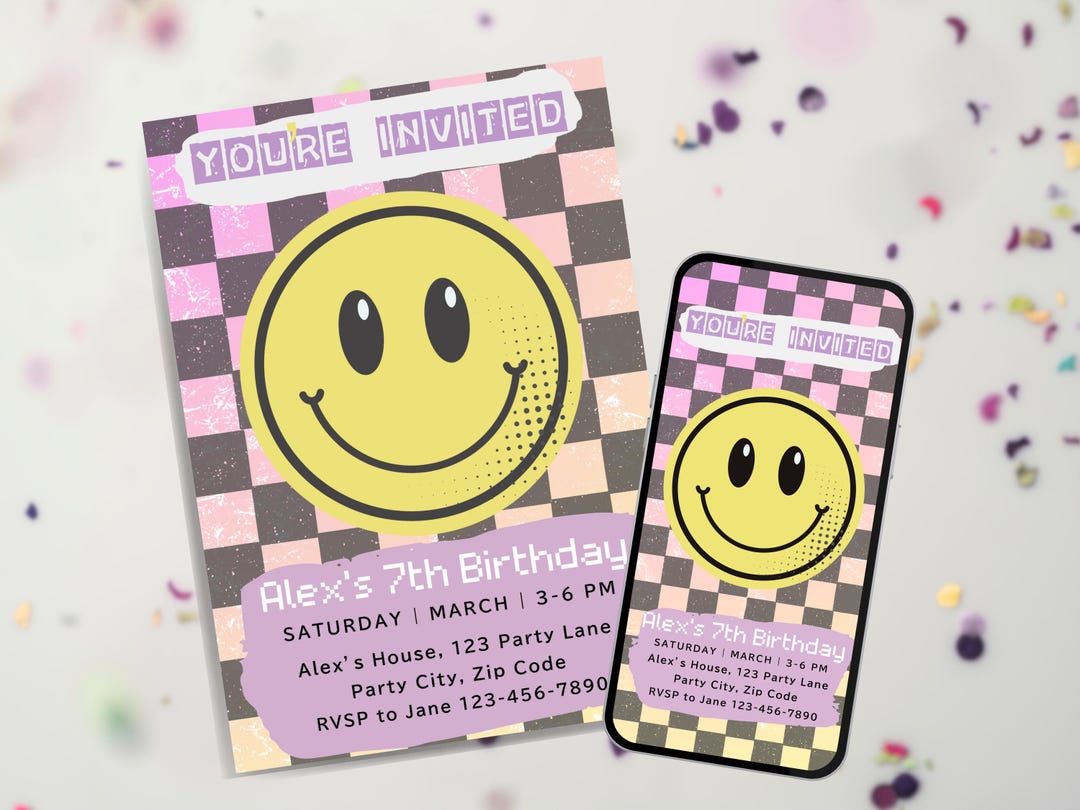 Retro Smiley Face Birthday Invitation With Checkerboard Theme. Preppy ...