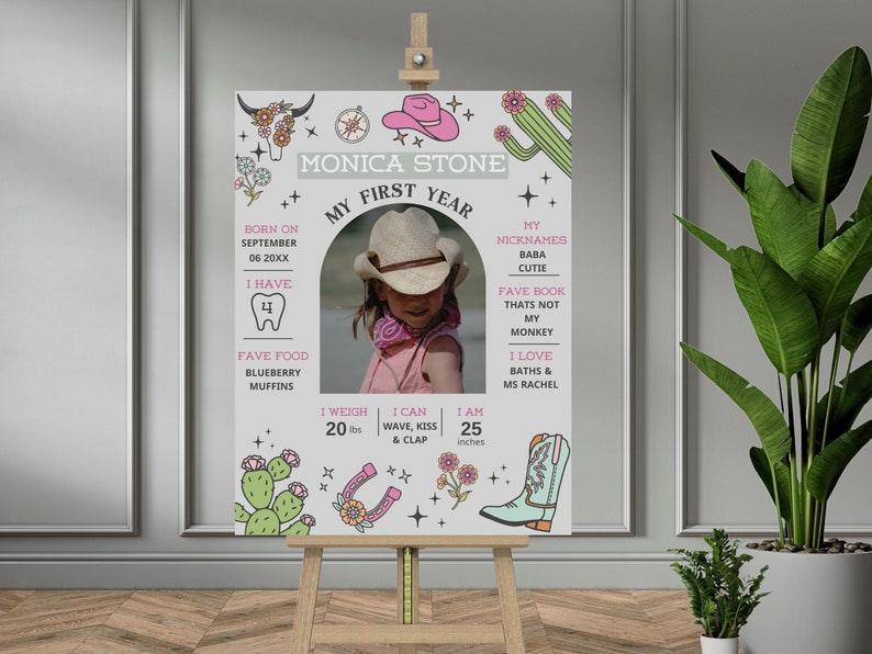 Editable Cowgirl Milestone Poster, Photo Birthday Stats, Customisable ...