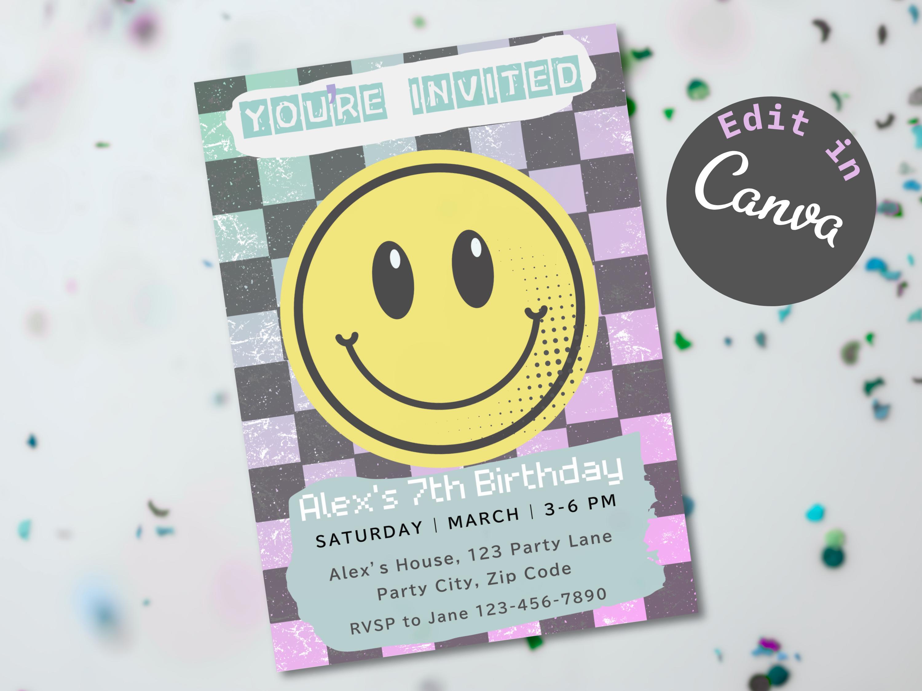 Retro Smiley Face Birthday Invitation With Checkerboard Theme. Preppy ...