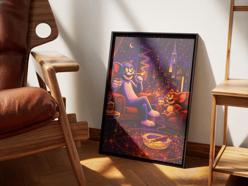 Tom & Jerry Lounge Art Print | Retro Cartoon Night City Poster ...