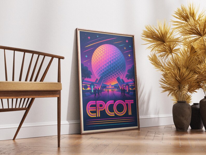 Póster retro de EPCOT: Impresión artística neón de Disney World ...