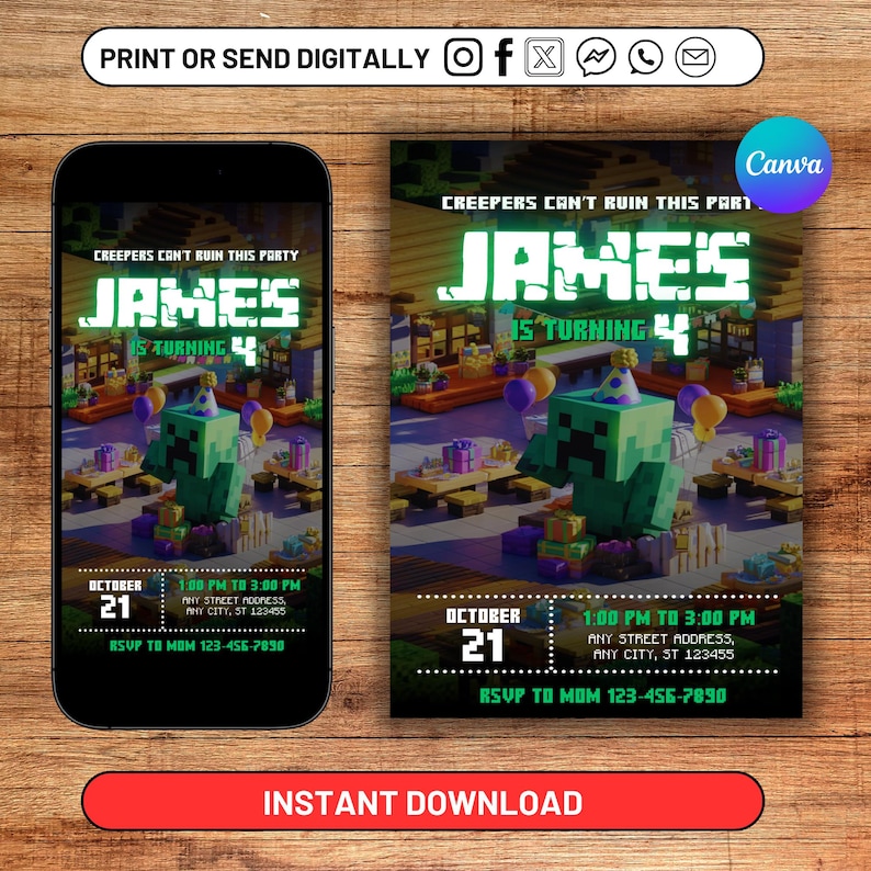 Editable Minecraft Birthday Invitation Mine Invite Template Minecrafter ...