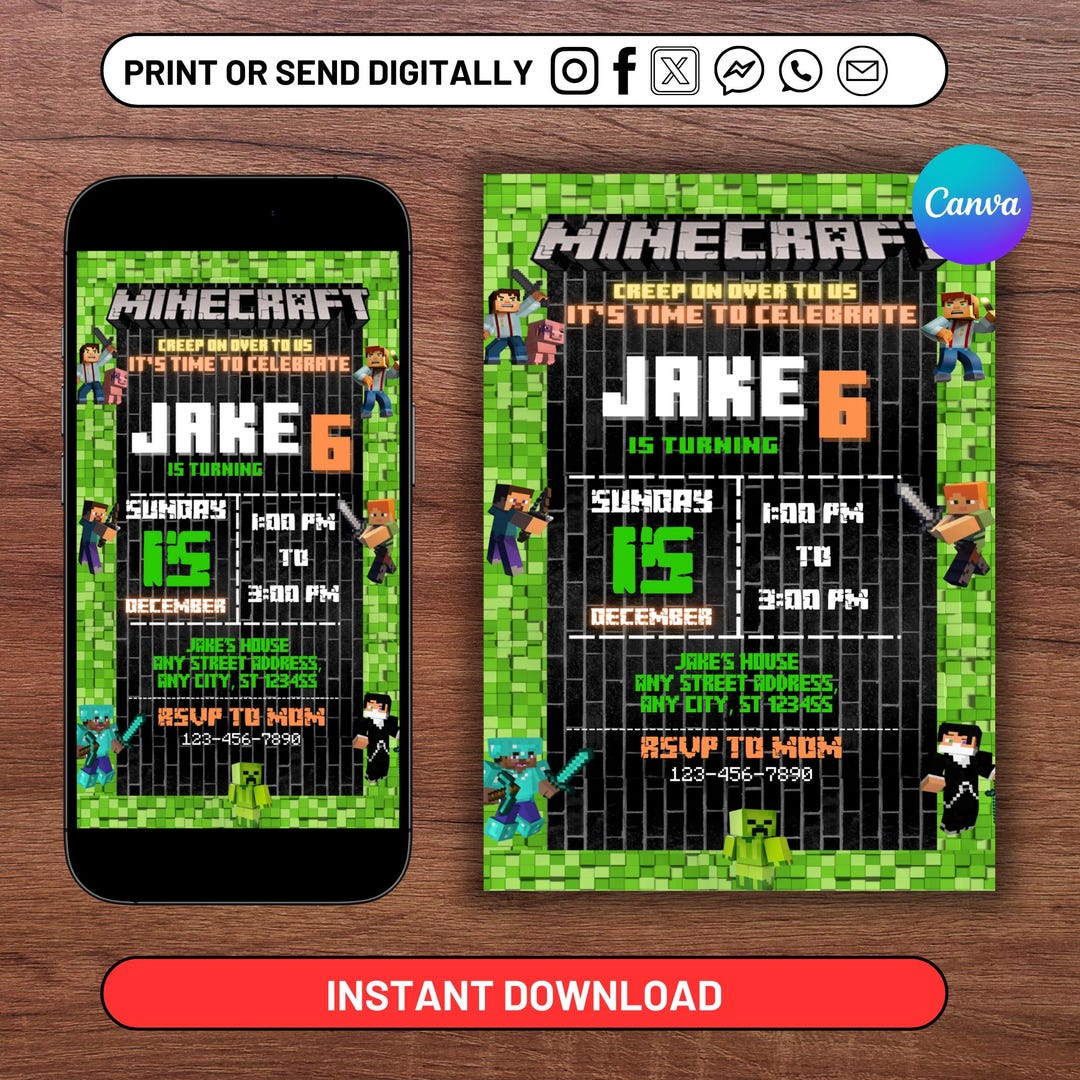 Editable Minecraft Birthday Invitation, Minecrafter Birthday ...