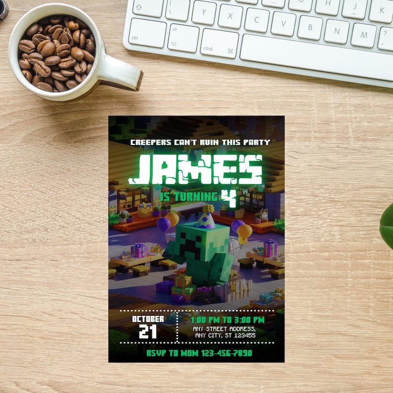 Editable Minecraft Birthday Invitation Mine Invite Template Minecrafter ...