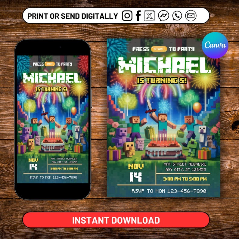 Editable Minecraft Birthday Invitation, Minecrafter Birthday ...