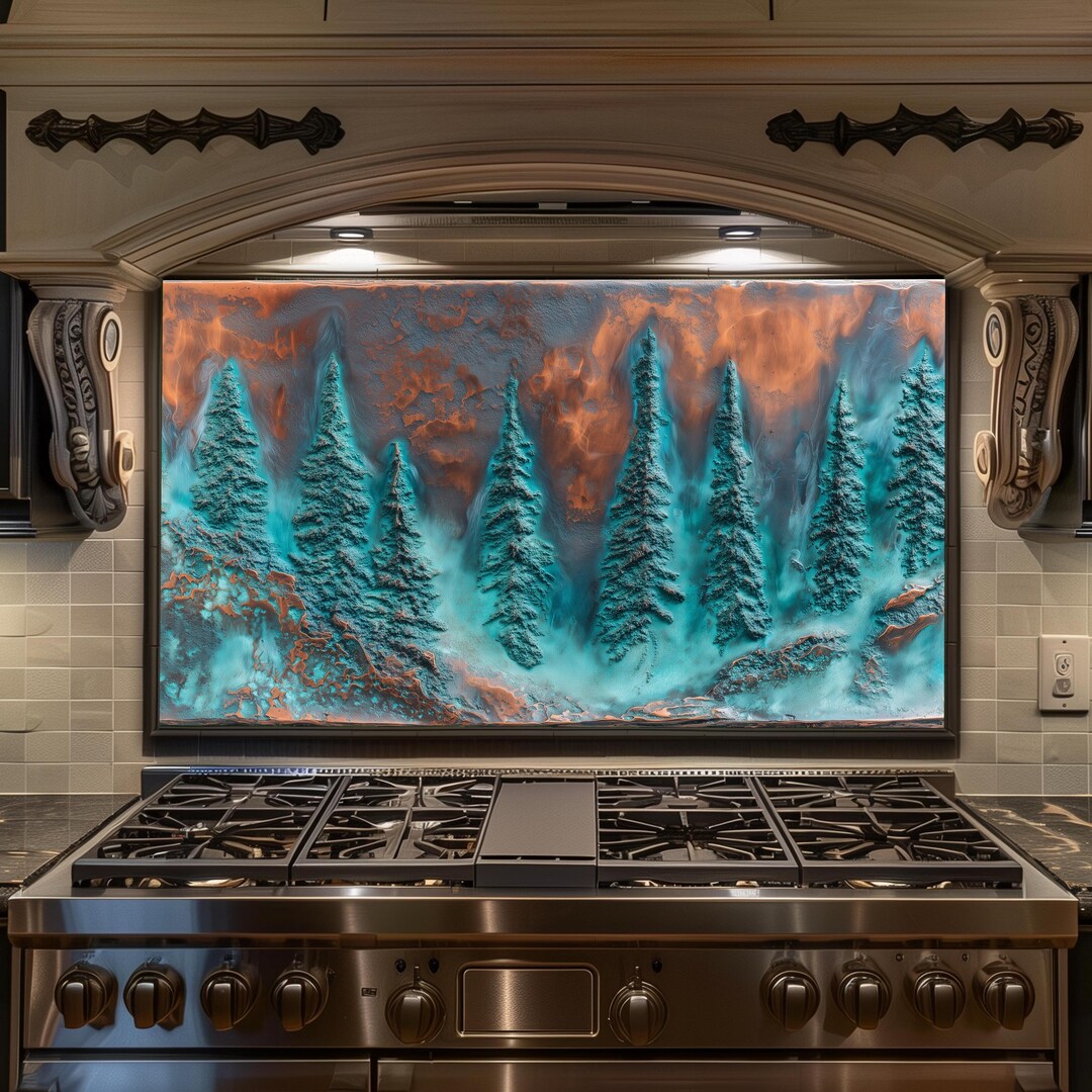 Copper Patina Pine Forest Backsplash – 3D Mountain Trees Glass Panel ...