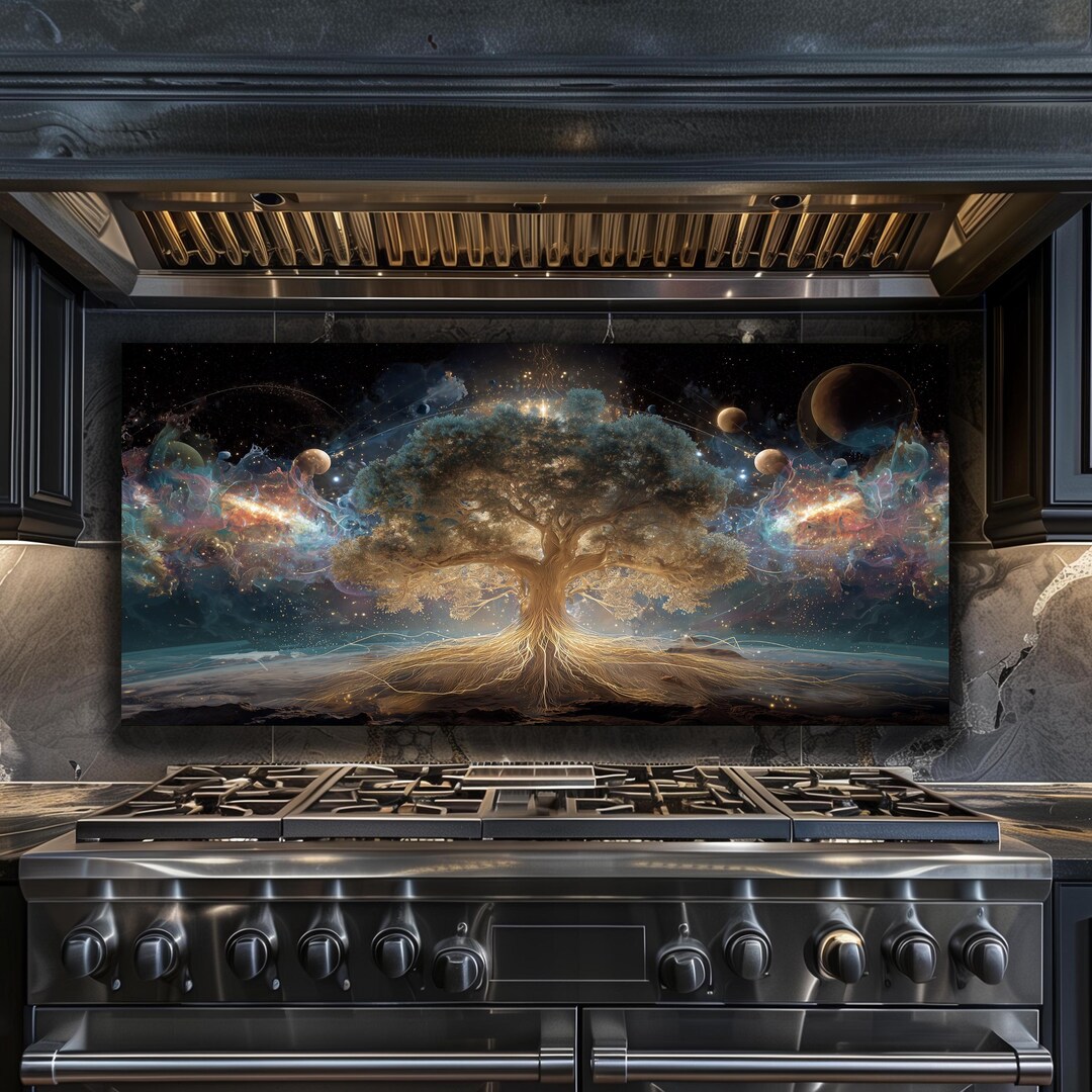 Cosmic Tree of Life Backsplash - Glass Kitchen Backsplash Panel, Stove ...