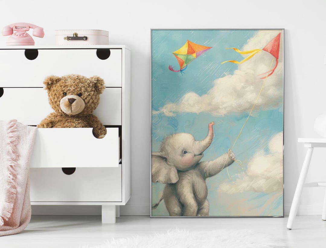 Elephant Flying Kite Print, Whimsical Nursery Decor, Playful Animal ...