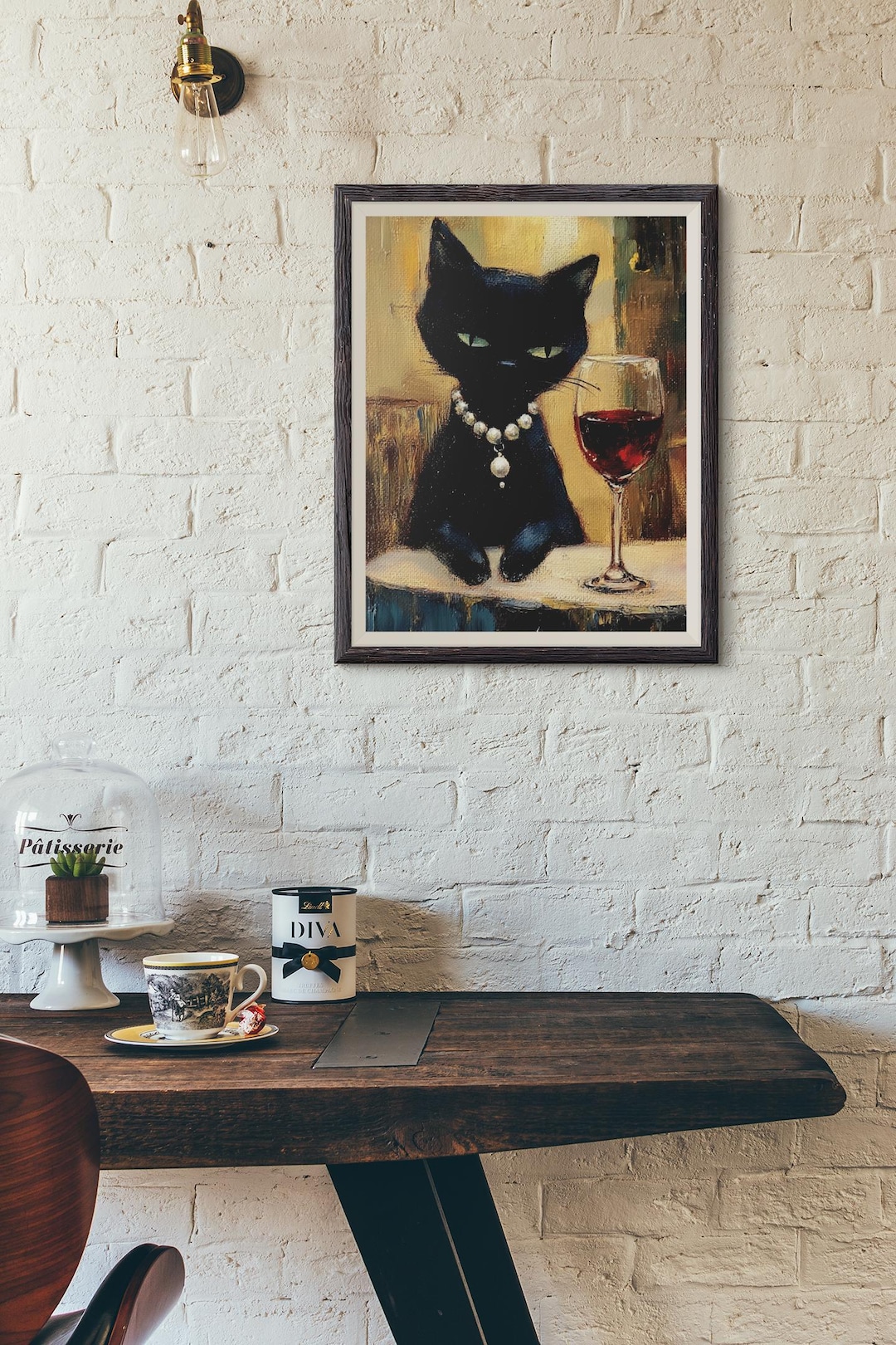 Black Cat Red Wine Art Print, Funny Bistro Animal Oil Painting (digital ...