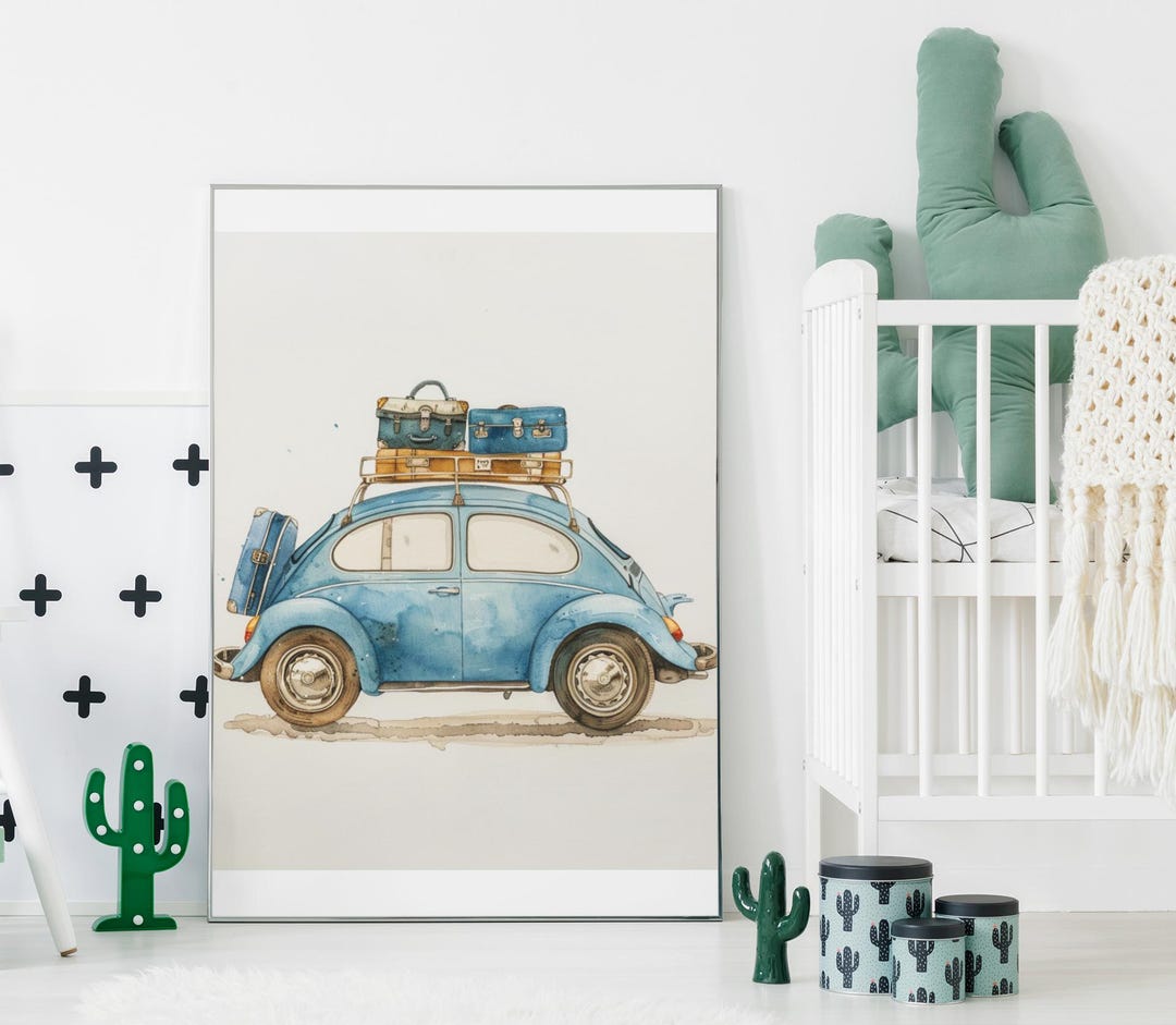 Vintage Blue Car Print, Classic Automobile Wall Art, Retro Nursery ...
