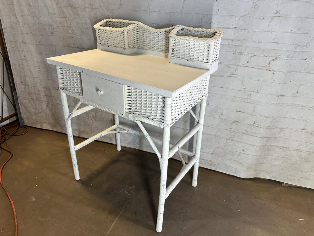 Vintage Wicker Desk - Dressing Table - Shabby White Surface - Rustic ...