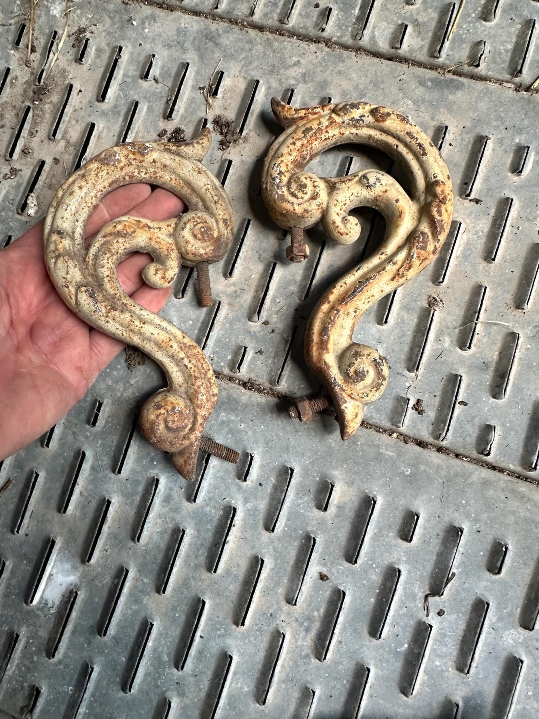 7" Pair of Rusty Cast Iron Urn Handles - Rustic Ornate - Primitive ...