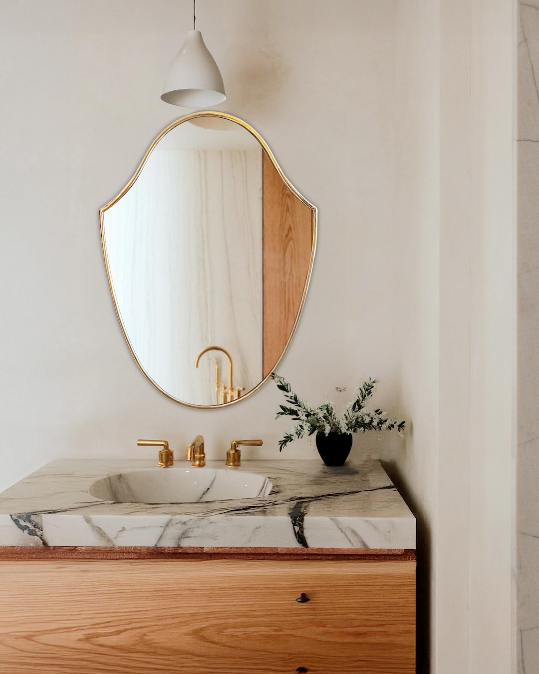 Shield Brass Wall Mirror: Modern Vanity Mirror, Irregular Design - Etsy