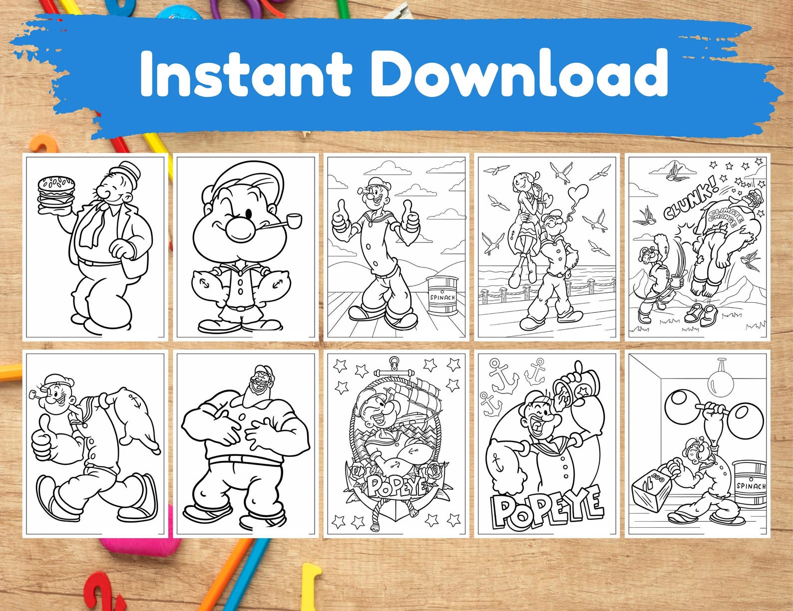 Popeye Coloring Pages | 20 Printable A4 Sheets | Vintage Cartoon Art ...