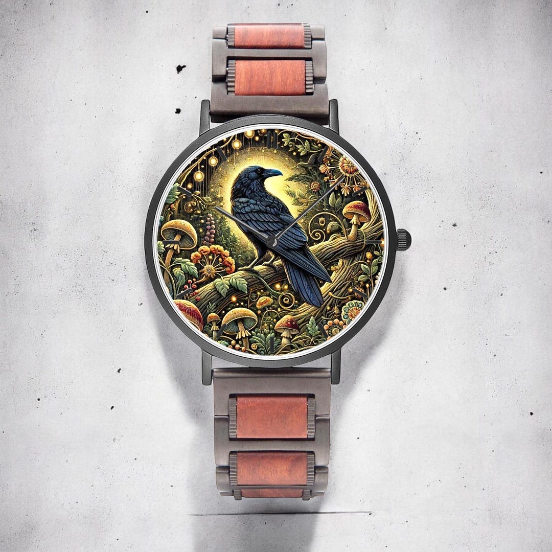 Black Raven Wooden Strap Quartz Watch With Dark Fable Forest Motifs ...