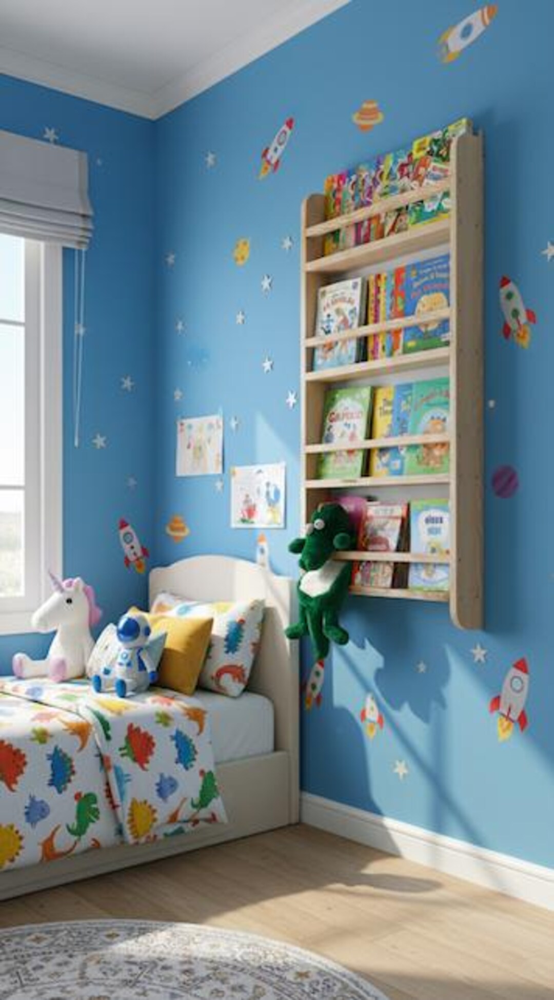 Nursery Bookcase: Natural Pine Wood Wall Shelf, Botanical Natural Hand ...
